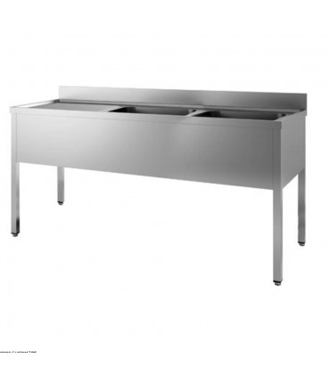 TABLE PLONGE 2 CUVES EN INOX 140CM AVEC DOSSERET ET PIEDS CARRES A MON